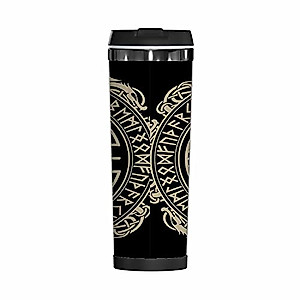 WONDERTIFY Viking Coffee Cup Magical Runic Compass Vegvisir Norse Runes Dragons Coffee Mug Stainless Steel Bottle Double Walled Thermo Travel Water Metal Canteen Black