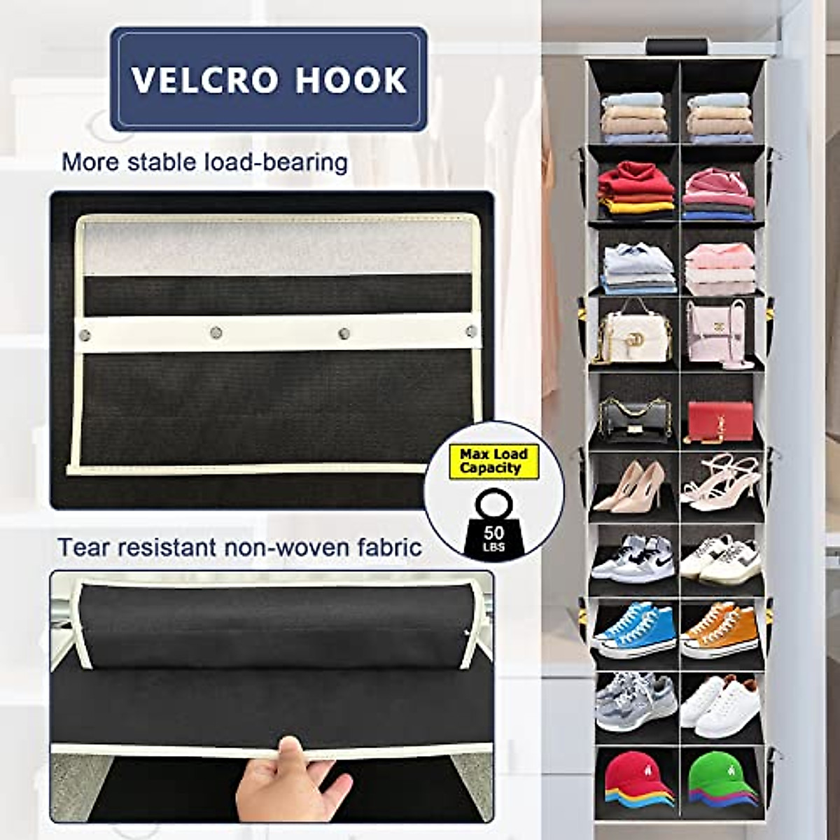 VERONLY 20 Section Hanging Shoe Organizer, Fabric Closet Hanging Shoe Storage Rack with 10 Side Pockets for Shoes, Hats, Handbags, Clothes (Black)