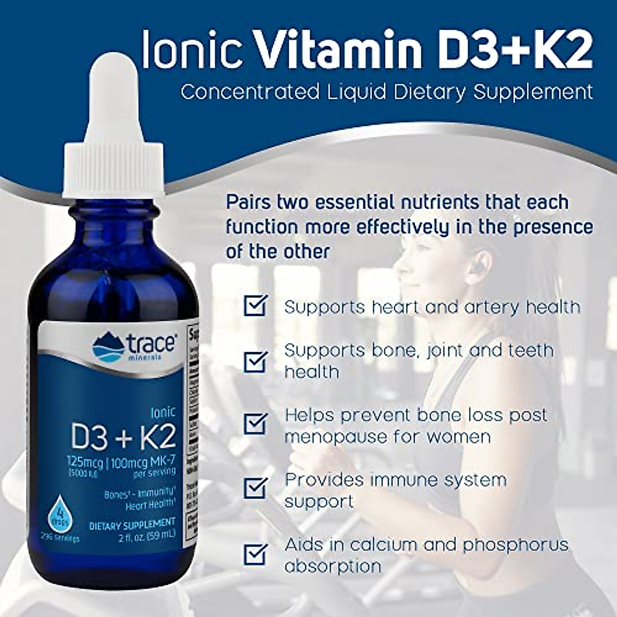 Trace Minerals | Liquid Ionic Vitamin D3 + K2 | 125 mcg (5,000 IU) D3, 100 mcg K2 | Concentrated Dietary Supplement | Support Strong Bones, Teeth, Heart Health, and Immunity | 2 fl oz. 296 Servings