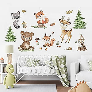 decalmile Woodland Animals Wall Stickers Bear Deer Fox Pine Tree Wall Decals Baby Nursery Kids Room Living Room Wall Decor