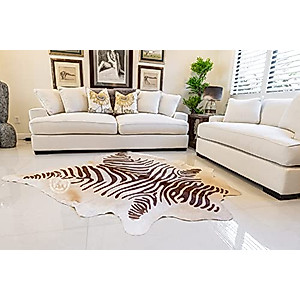 Zebra Print Brown on Beige Genuine Cowhide Rug Size 6 x 7 ft. 180 x 210 cm