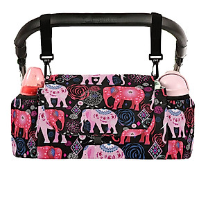 Sinestour Beautiful Elephants Stroller Organizer with Cup Holder Universal Stroller Organizer Bag Detachable Shoulder Strap Stroller Accessories for Diaper Toys Phone Keys Fit All Baby Stroller
