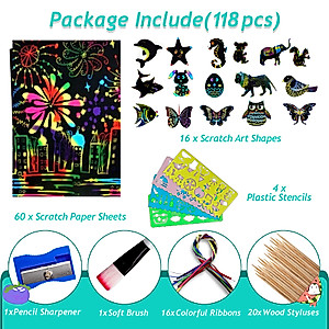 Scratch Art for Kids, 118 PCS Rainbow Scratch Paper Set Black Scratch it Off Paper Art Crafts Notes Sheet for Children Girls Boys Fun DIY Toy Birthday Game Christmas Easter Craft Gifts