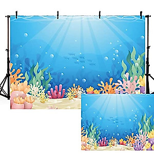7x5ft Under The Sea Backdrop Colorful Reefs and Algae Decoration Underwater World Backdrops Sun Ray Ocean Photography Background Baby Kids Sea Theme Party Cake Table Banner