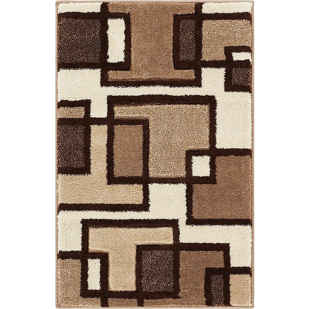 Well Woven Ruby Geometric 2x3 Mat Ivory & Beige Neutral Modern Contemporary Hand Carved Squares Design Perfect for Entryways & Small Spaces Plush Easy-Care Easy-to-Clean