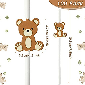 Skyley 100 Pcs Bear Paper Straws Little Cutie Straws Snowflake Disposable Drinking Paper Straws for Little Cutie Baby Shower White Brown