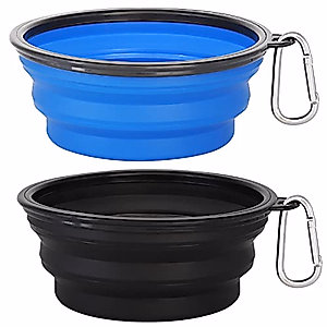 Kytely Large Collapsible Dog Bowl 2 Pack, 34oz Foldable Dog Travel Bowls, Portable Dog Water Food Bowl with Clasp, Pet Cat Feeding Cup Dish for Traveling, Walking, Hiking (Black+Blue)