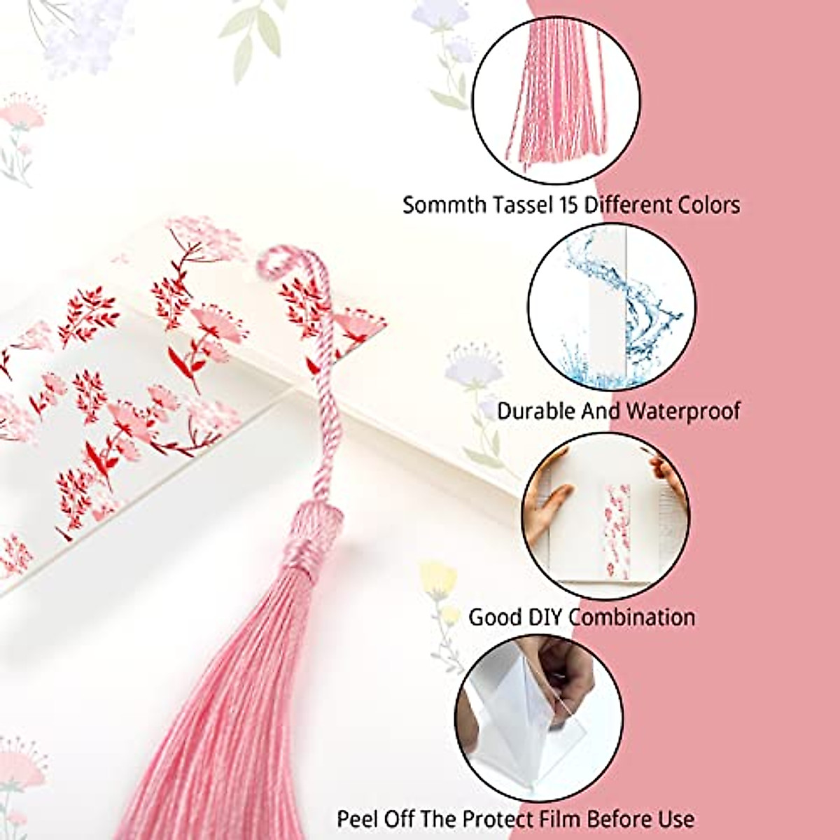 ECam 30 Pcs Acrylic Bookmark Blanks, Clear Acrylic Bookmarks with Colorful Tassel, 3 Styles Acrylic Book Markers, DIY Acrylic Bookmarks, Transparent Bookmarks, 15 Color of Tassels/ Total 30 Pcs