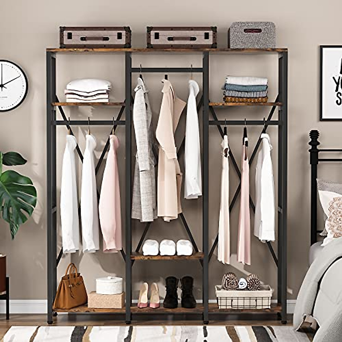 Tribesigns Garment Rack, Heavy Duty Freestanding Closet Organizer Systems with Shelves, Open Wardrobe Closet for Hanging Clothes (Rustic)