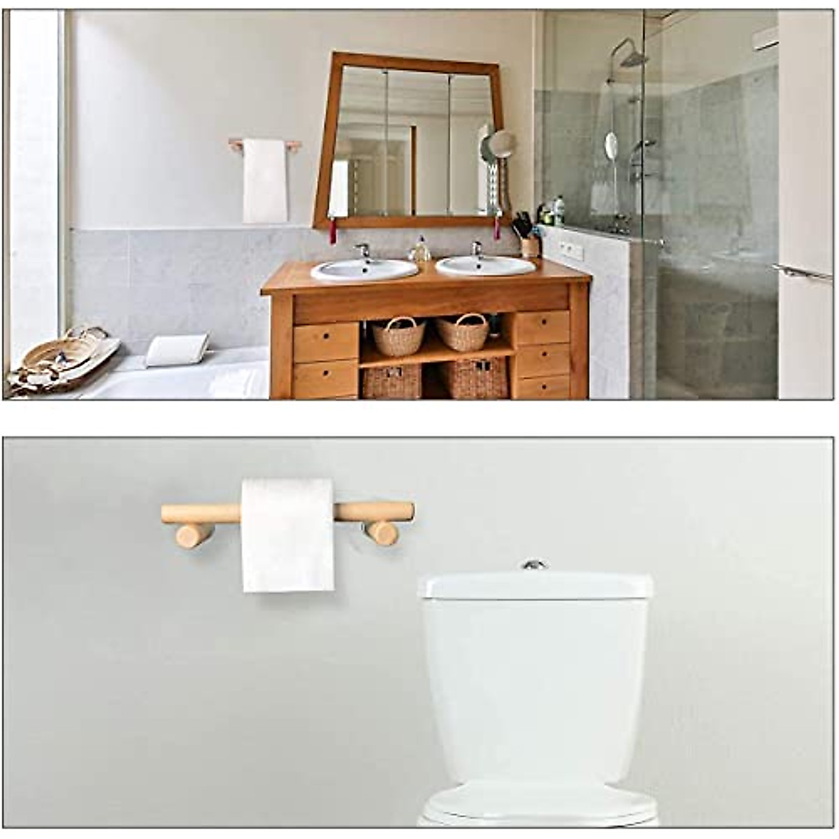 Premium Self-Adhesive Natural Beech Wood Towel Rack/Paper Towel Holder, Stick on Wall Towel Bar/Paper Towel Hanger for Bathroom/Kitchen - (Self-Adhesion & Drilling Installation)