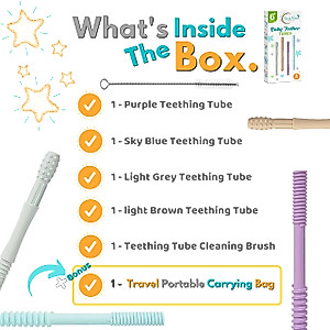 Soft Hallow Silicone Teething Tubes for Babies, (4 Pack) Baby Teether Tubes Includes Cleaning Brush, Soothing Teether & Flexible Teething Stick Toy for Infants & Toddlers, 100% Safe for Girls & Boys