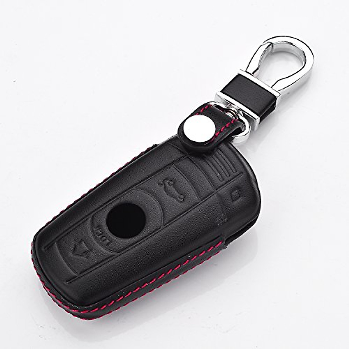 Royalfox(TM) Luxury 3 Buttons Genuine Leather Smart keyless Entry Remote Key Fob case Cover for BMW 1 2 4 5 6 Series,for bmw old smart key,with Keychain