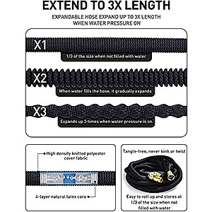 PEISONGFEI Garden Expandable Hose with 8 Function Hose Nozzle, Lightweight Anti-Kink Flexible Garden Hoses, Extra Strength Fabric with Double Latex Core 50 FT, Black