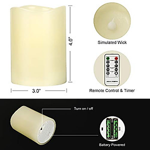 AKU TONPA Flameless Candles Battery Operated Pillar Real Wax Flickering Electric LED Candle Gift Sets with Remote Control Cycling 24 Hours Timer, Pack of 6 (3" D x 4" H, Ivory)