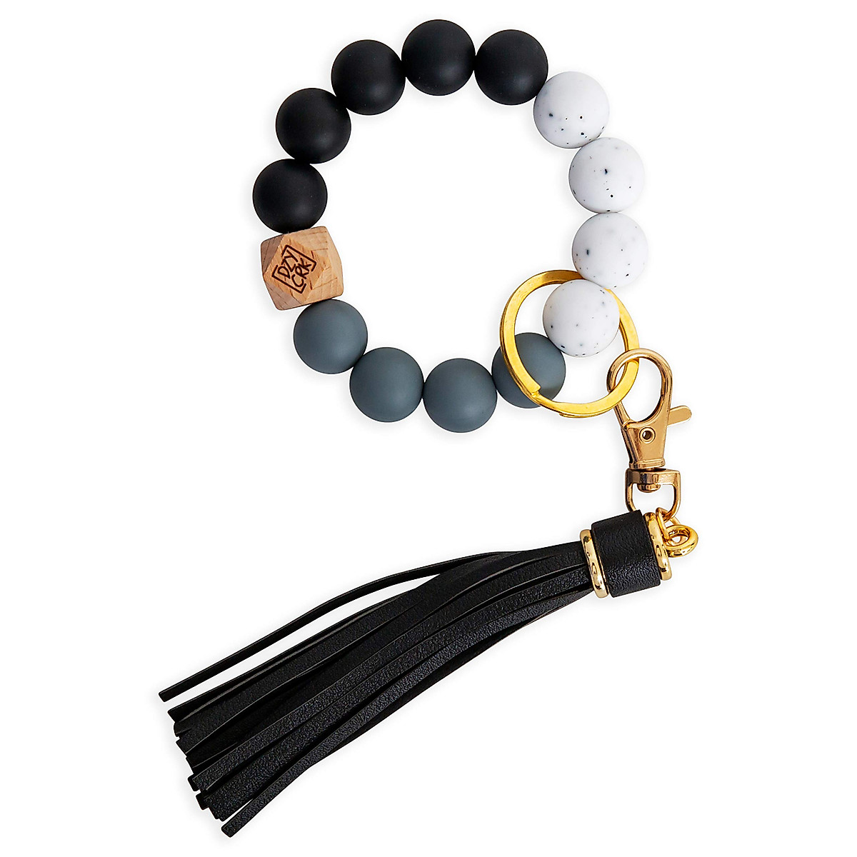 dizzy creek designs Silicone Key Ring Bracelet, Women Beaded Bangle Keychain Wristlet Leather Tassel (Black/Grey)