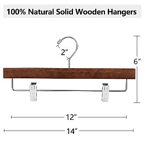 AMKUFO 20pcs Wooden Pants Hangers Solid Pants Hangers with Adjustable Clips 14 Inch Walnut Wood Skirt Hangers Trousers Bottom Hangers with Non-Slip Clips and 360° Swivel Hook