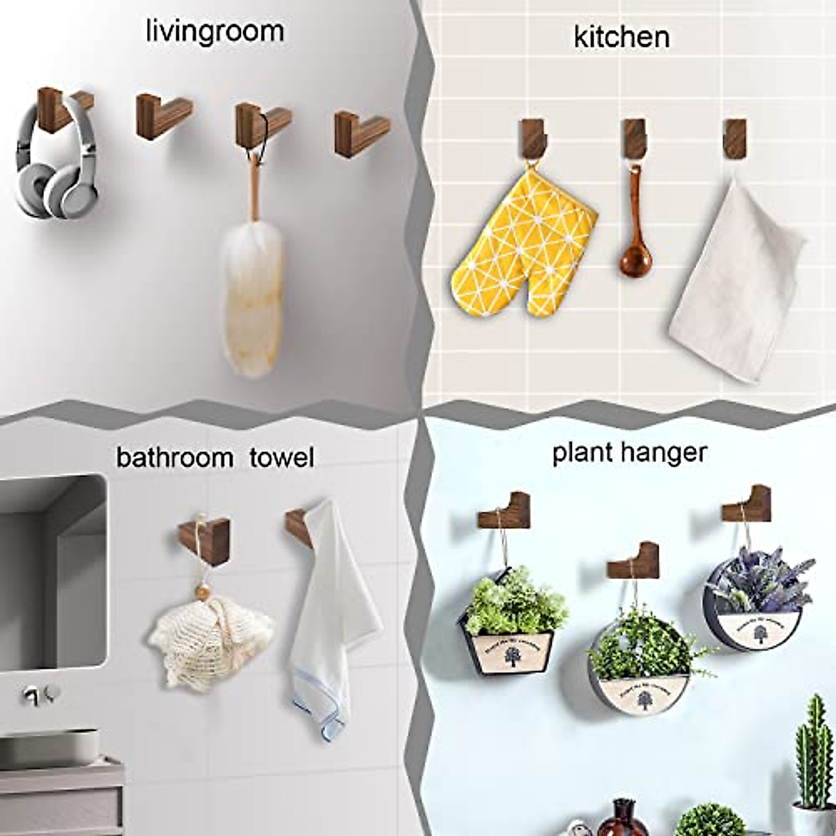 EDEGG Wood Wall Hooks, 4 Packs of Coat Rack Wall Mount, Rustic Wooden Hooks, Unique L-Shape Walnut Hooks for Hanging Coats, Towel, Hat, Scarfs, Jackets, Backpack