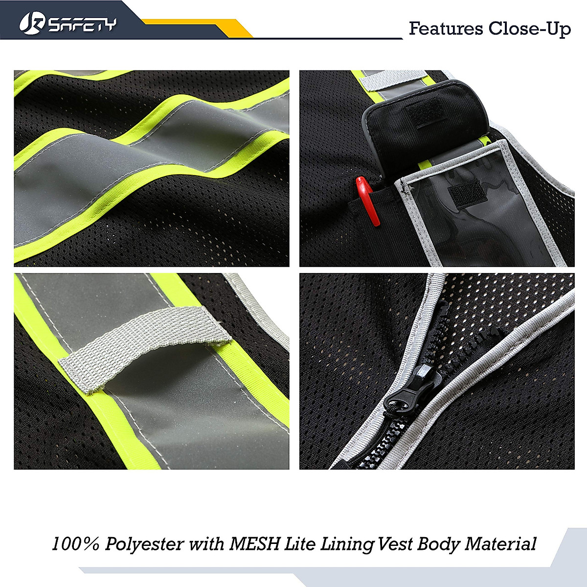 JKSafety 3 Pockets High Visibility Zipper Front Safety Vest MESH Lite | Black with Dual Tone High Reflective Strips | Meets ANSI/ISEA Standards (99-Black, X-Large)