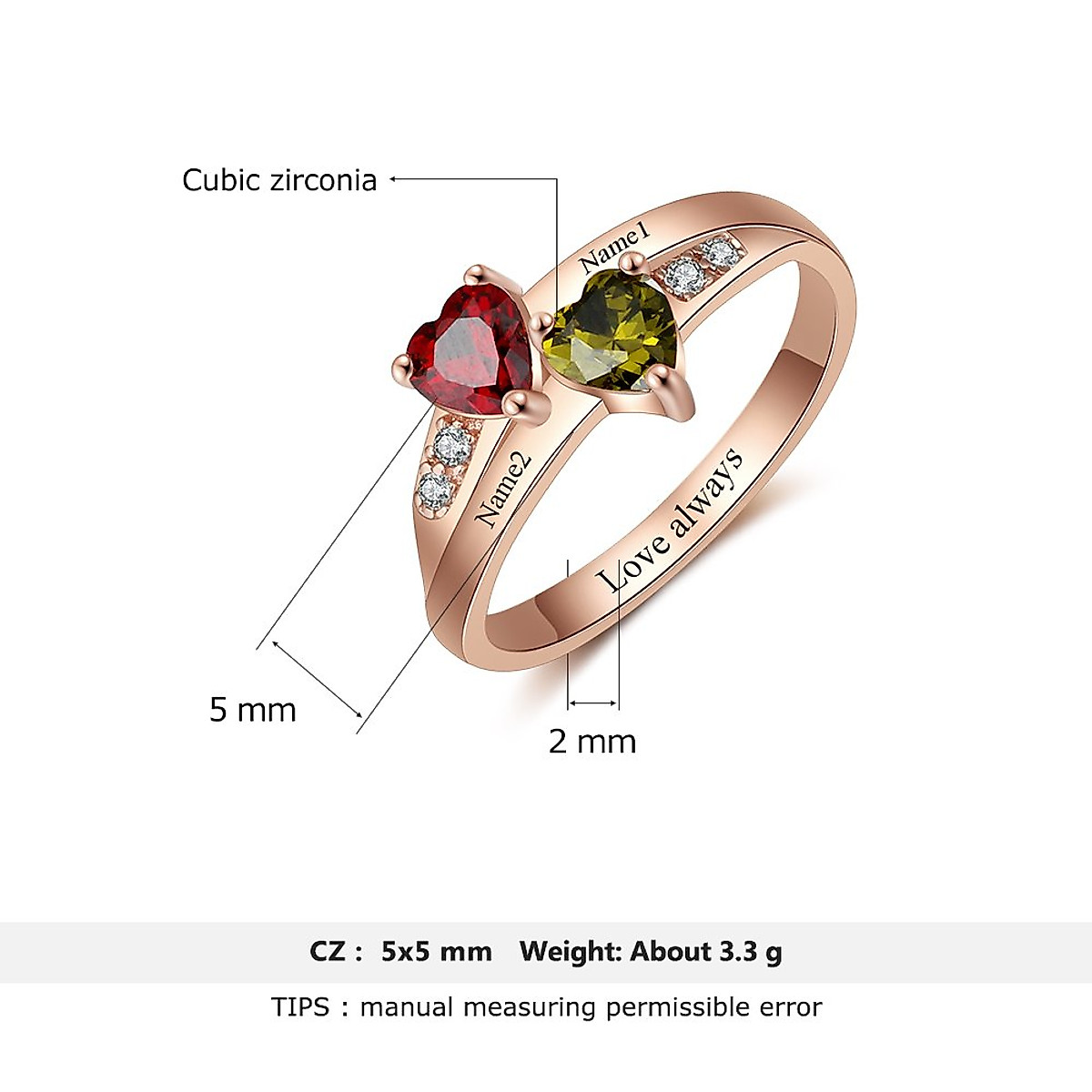 Personalized Promise Rings for Her Mother Rings with 2 Simulated Birthstones Custom Couples Name Ring for Women Rose Gold