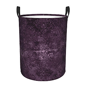 Eggplant Velvet Damask Plum Purple Floral Round Canvas Linen Laundry Hamper, Waterproof Storage Bin For Toys, Books, Clothes, Pets, Laundry Basket, Gift Basket Medium