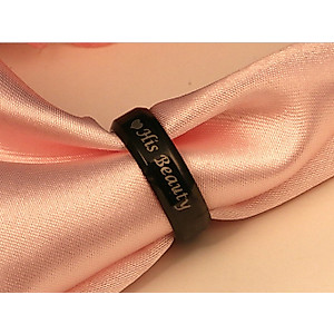 His Beauty Love Heart Women's Black Stainless Steel Engagement Wedding Bands Promise Ring Anniversary (Her Size 5)