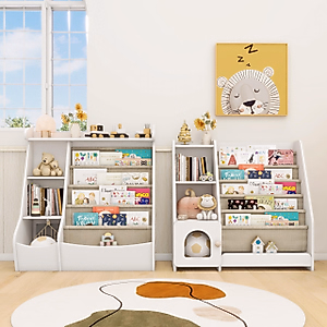 Montessori Kids Bookshelf, 5 Sling Baby Bookcase, 4 Tier Display Shelves, Wooden Book Rack, Toddler Toy Storage Organizer Cabinet, Floor Children Bookshelf Nursery Playroom Bedroom Library, White