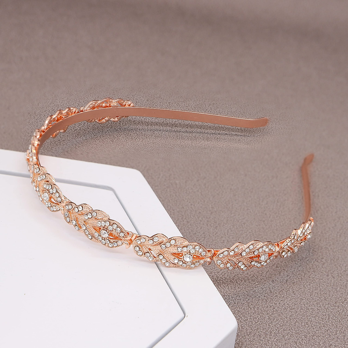 Oriamour Rose Design Rhinestone Crystal Wedding Headband Bridal Headpieces Simple Design Bridal Headband (Rose Gold)