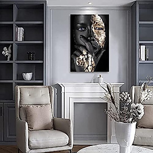 Black Woman Wall Art African American Wall Art Canvas Framed Black and Gold Women Portrait Canvas Print Artwork Black Art Wall Decor African Decorations for Living Room 12”x16”