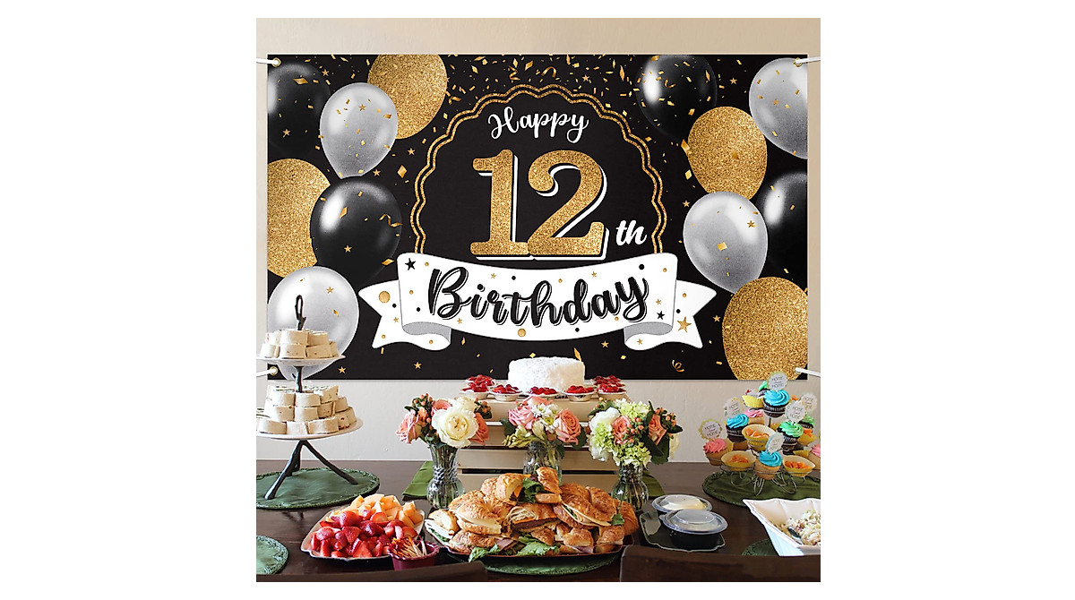 Nelbiirth Happy 12th Birthday Banner - Elegant Black & Gold Decor