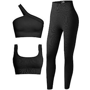 OQQ Women's 3 Piece Outfits Ribbed Seamless Exercise Scoop Neck Sports Bra One Shoulder Tops High Waist Leggings Active Set Black