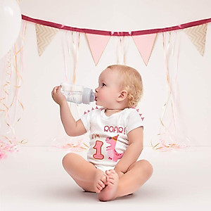 1st Birthday Girl T-Shirt Dinosaur Party B-Day Themed Tee Gift for Baby Dino First Birthday T Shirt Cotton Short Sleeve T-Rex Printed Embroidery Graphic Top Clothes (White, 1T)