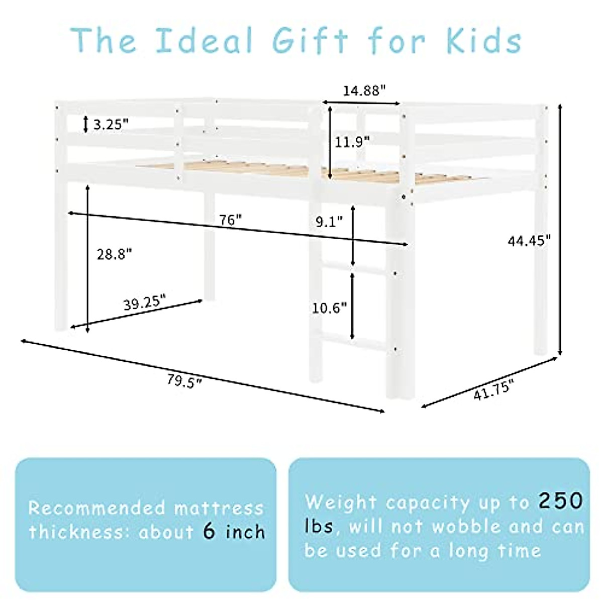 Tmosi Low Loft Bed Twin,Solid Wood Kids Twin Bed Frame with Ladders and Guard Rails,Space Saving Twin Size Loft Bed for Girl Boy,No Box Spring Needed,Easy to Assembly (Built-in Ladder-White)