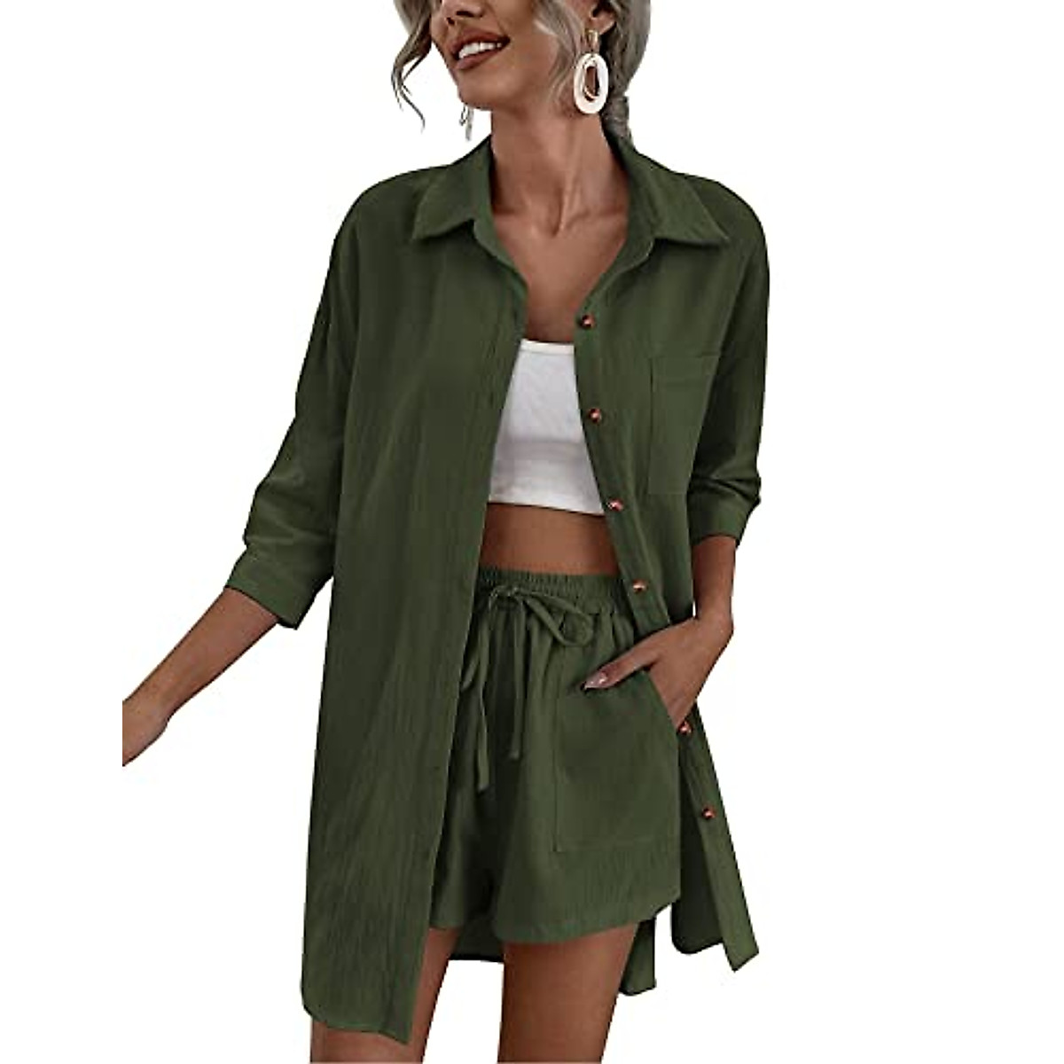Zeagoo Womens Coordinated Outfit Summer Short Sleeve Set Solid Color Tracksuits, 03_army Green, X-Large