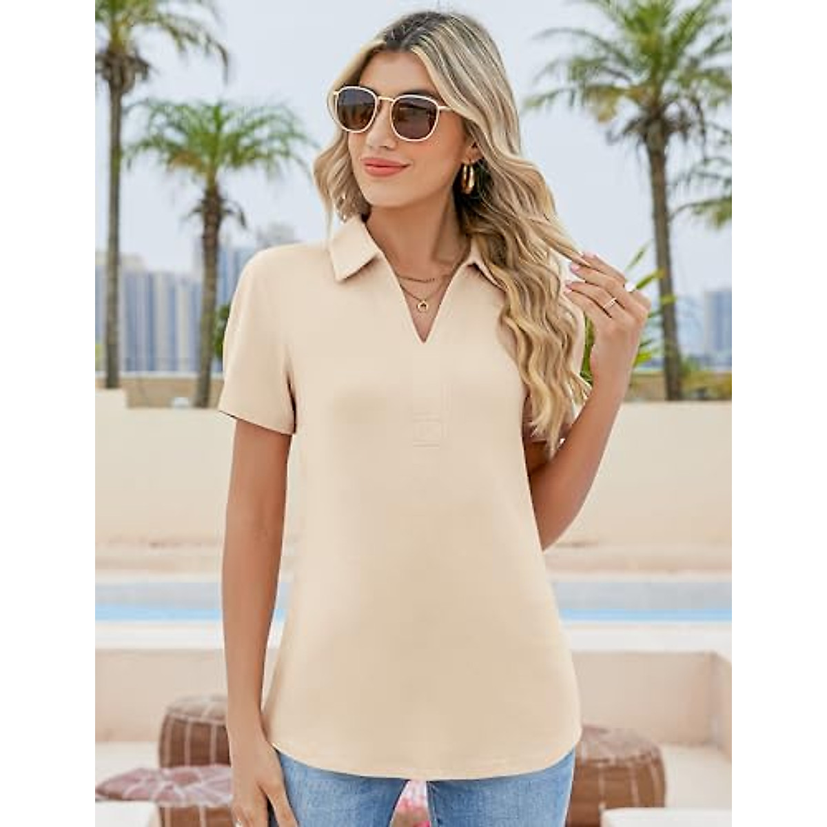 ZHENWEI Short Sleeve Summer Shirts Women V Neck Collared Polo Tunic Tops Work Blouse,Apricot,S