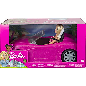 Barbie Doll & Car Playset, Sparkly Pink 2-Seater Toy Convertible with Glam Details & Fashion Doll in Sundress & Sunglasses (Amazon Exclusive)