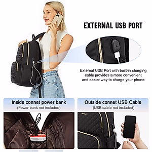 LOVEVOOK Laptop Backpack for Women, Quilted Laptop Bag Travel Backpack Purse With Anti-Theft Zipper, Stylish 15.6 Inch Work Computer Bags College School Bookbag with USB Charging Port, Black