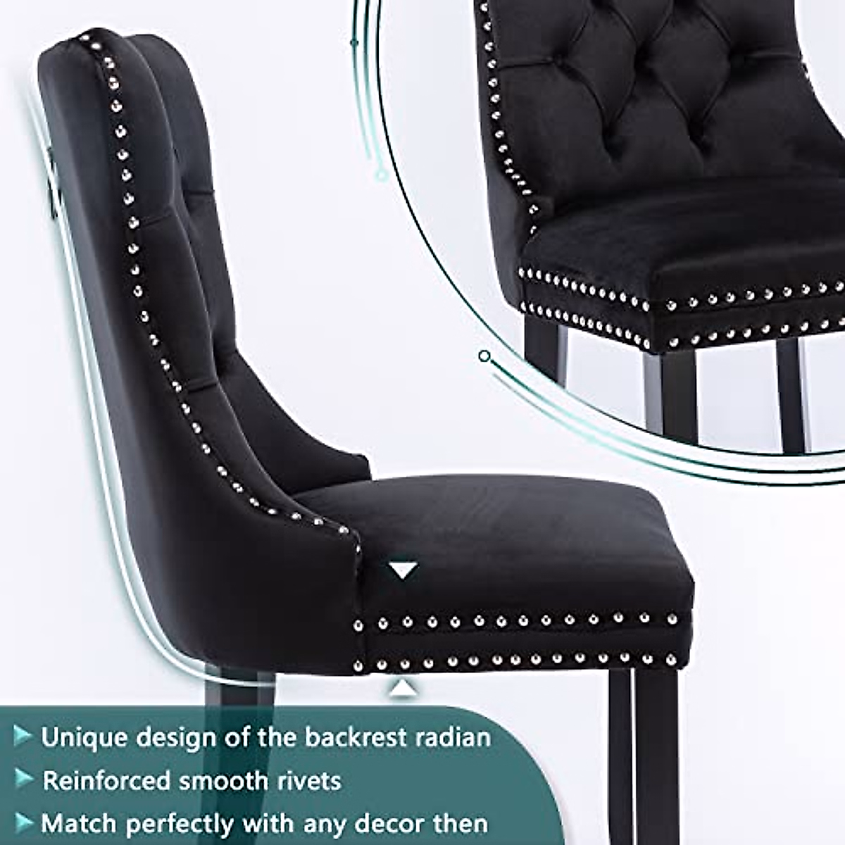 GEEVIVO Velvet Dining Chairs Set of 2, Upholstered Tufted Dining Room Chairs with Nailhead Button Back and Ring Pull Trim, Solid Wood Legs Side Dining Chairs for Dining Room/Kitchen/Restaurant, Black