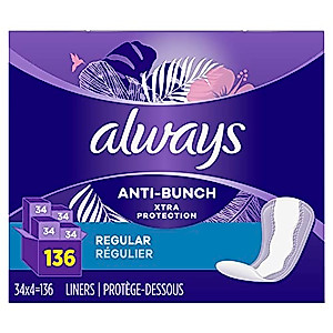Always Anti-Bunch Xtra Protection, Panty Liners for Women, Regular, Unscented, 136 Count