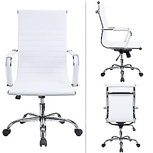 Devoko Office Desk Chair Mid Back Leather Height Adjustable Swivel Ribbed Chairs Ergonomic Executive Conference Task Chair with Arms (White)
