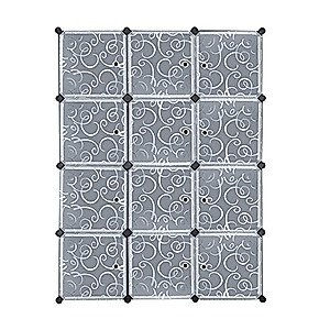 VINGLI Cube Storage, 12 Cubes Shelves Units, Closet Cabinet Bookshelf, DIY Plastic Modular Storage Cube Organizer w/Pattern White Doors and Hammer - Black