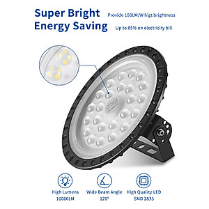 4 Pack LED High Bay Light|100W 10000LM UFO LED High Bay Light|6500K Daylight LED Shop Light|IP65 Waterproof LED Commercial Warehouse Area Light|LED Garage Light for Garage Gym Factory Warehouse