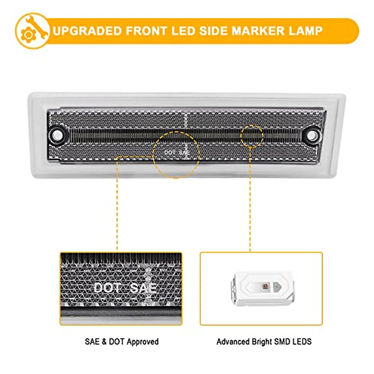 R&F Auto LED Clear Lens Fender Side Marker Light Replacement for C/K 1500 2500 C10 C20 Suburban Blazer Jimmy Front Bumper Side Marker Reflector Lamp, Replace OEM# GM2551107 GM2550115 915557 915558