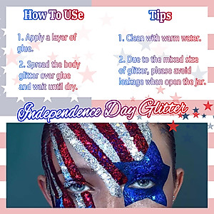 Laza Independence Day Body Glitter, 2 Jars Red Blue White Chunky Sequins with Glue Women Eyeshadow 4th of July Face Paint Festival Rave Outfit Hair Accessories Party Costumes – Circus Carnival