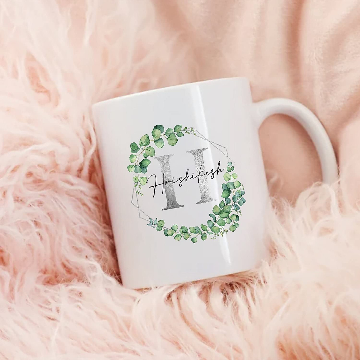 Customized Initial Name Monogram Floral Coffee Mug 11 15 oz, Custom Name Coffee Mug w Letter Alphabet Initial Name Gift For Women Mom Wife Bestie, Personalized Letter Alphabet Initial Leaf Mug Gift