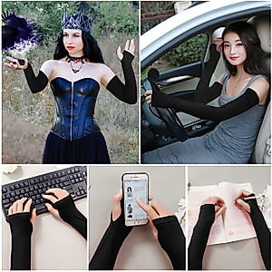 Bellady Women Stretchy Long Arm Sleeves Fingerless Gloves Arm Cover, Black, One Size