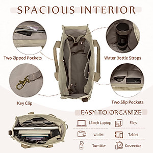 VASCHY Canvas tote bag, Casual Reusable Work Totes for Women Teachers with Zippers Pockets Crossbody Shoulder Bag Purse Apricot