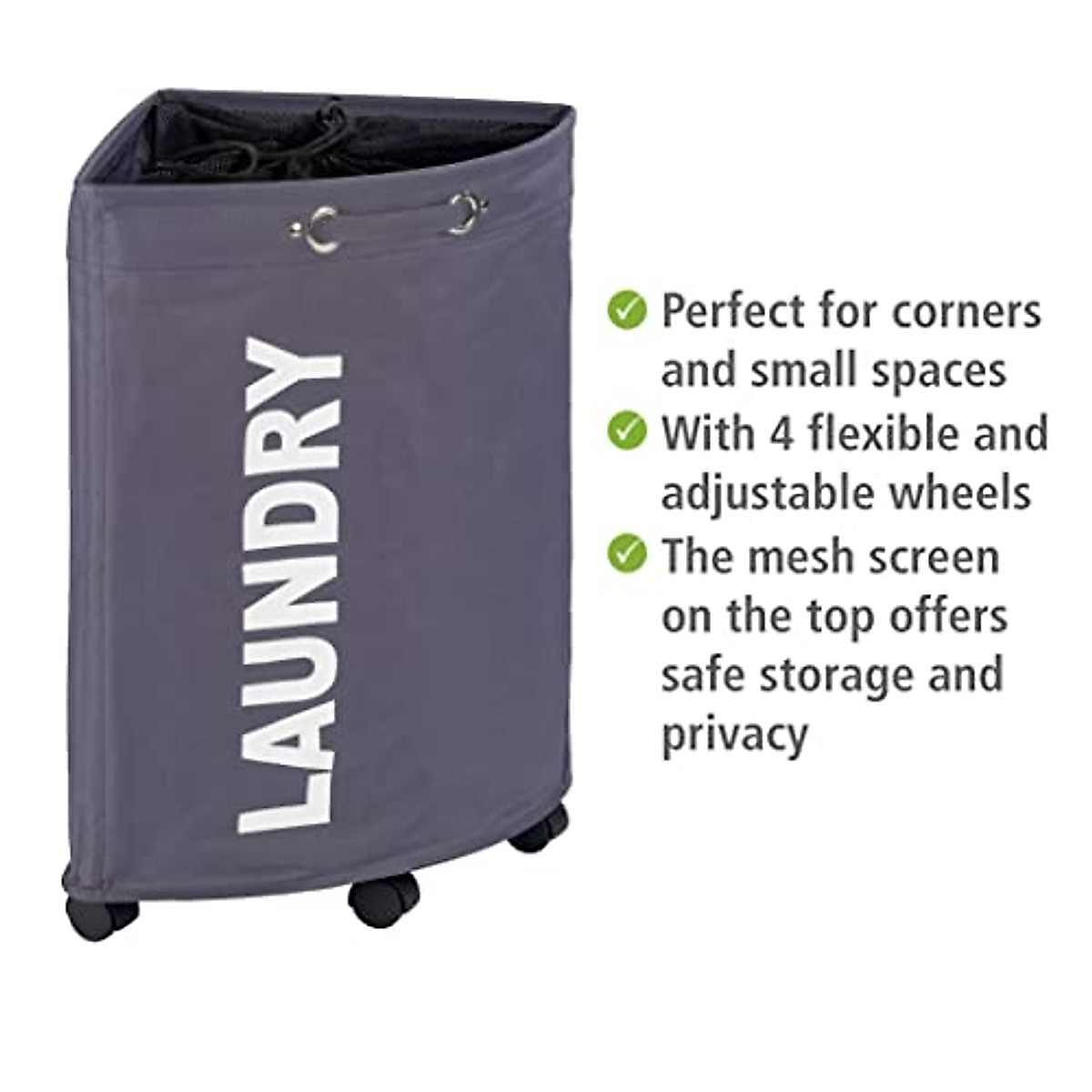 WENKO Corner Laundry Basket with Wheels Tresco, Collector, Laundry Basket with Wheels, Space Saving Narrow Laundry Hamper, Clothes Storage, 13.21 gallon/13" x 23.6" x 13", Gray