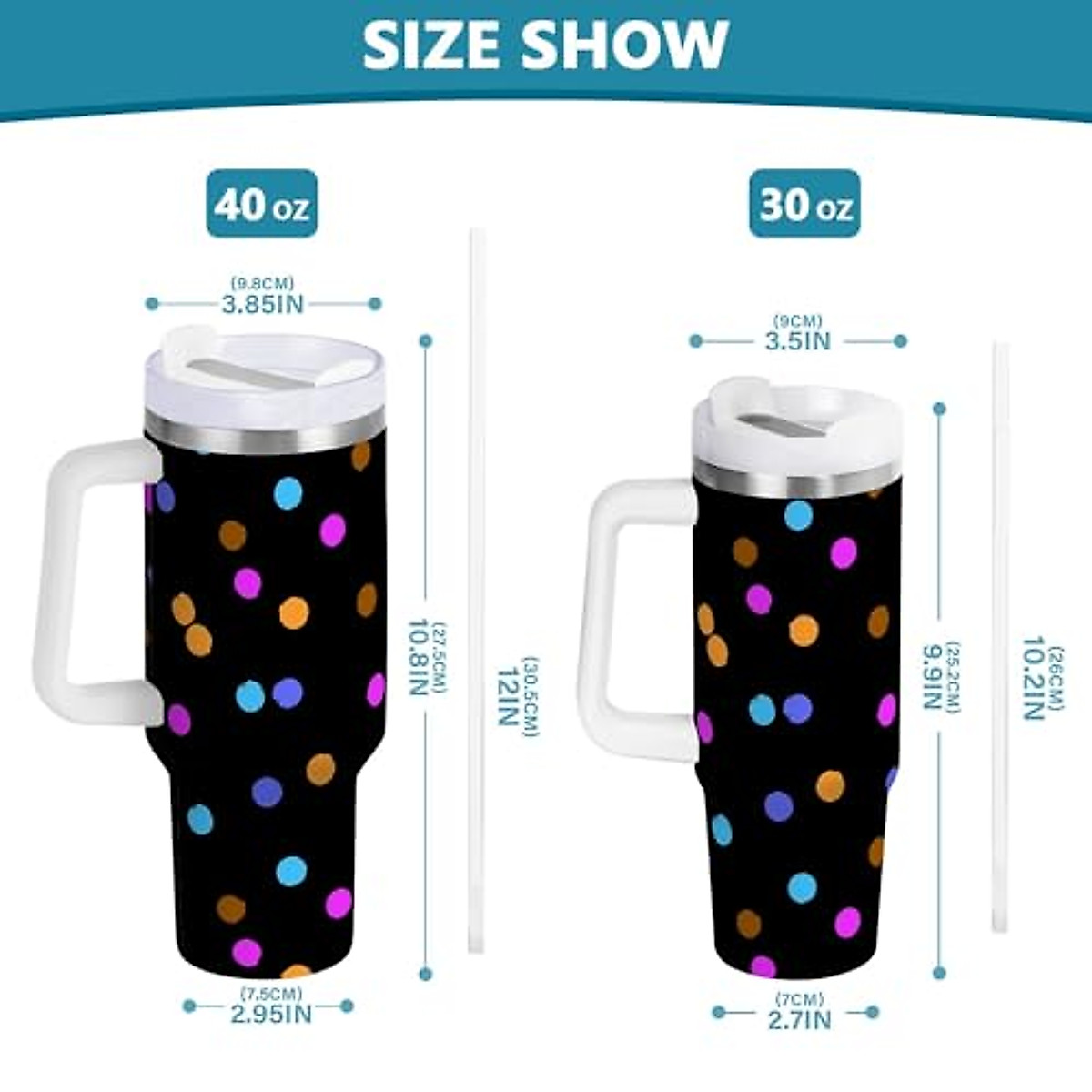 ODAWA Large Polka Dot Insulated Cup with Handle and Straw, Double Insulated Tumbler Insulated Travel Tumbler