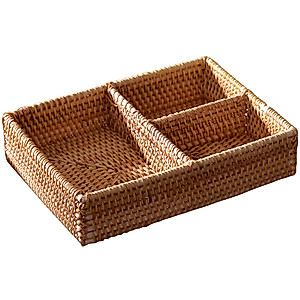 IMIKEYA Rattan Storage Basket Desk Organizer 3- Compartment Wicker Organizer Tray Rattan Crate Decorative Cosmetics Holder Boxes Jewelry Storage Case for Ladies Countertop