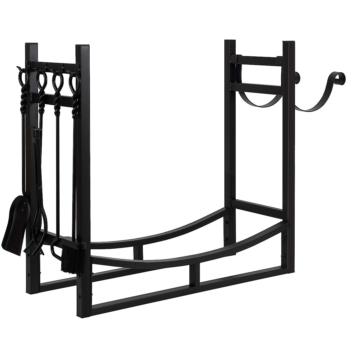 Amagabeli Large Firewood Rack With Fireplace Tools Set 33.5 Inch Wood Rack Wrought Iron Indoor Outdoor Kindling Log Holder Heavy Duty Wide Wood Storage Log Rack Accessories Shovel Poker Tongs Broom